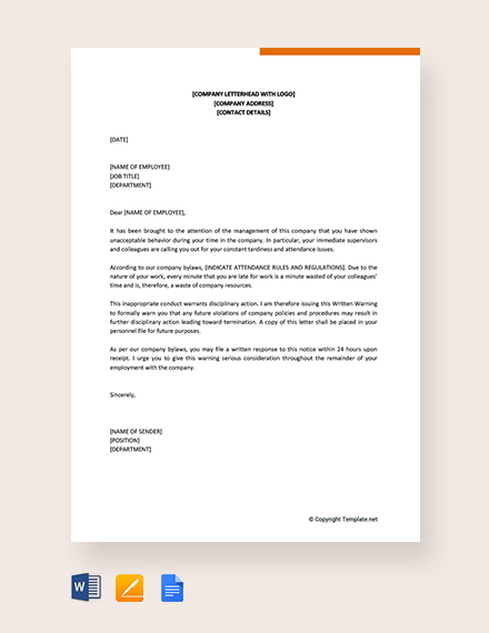 FREE Warning Letter To Employee For Unacceptable Behavior Template 