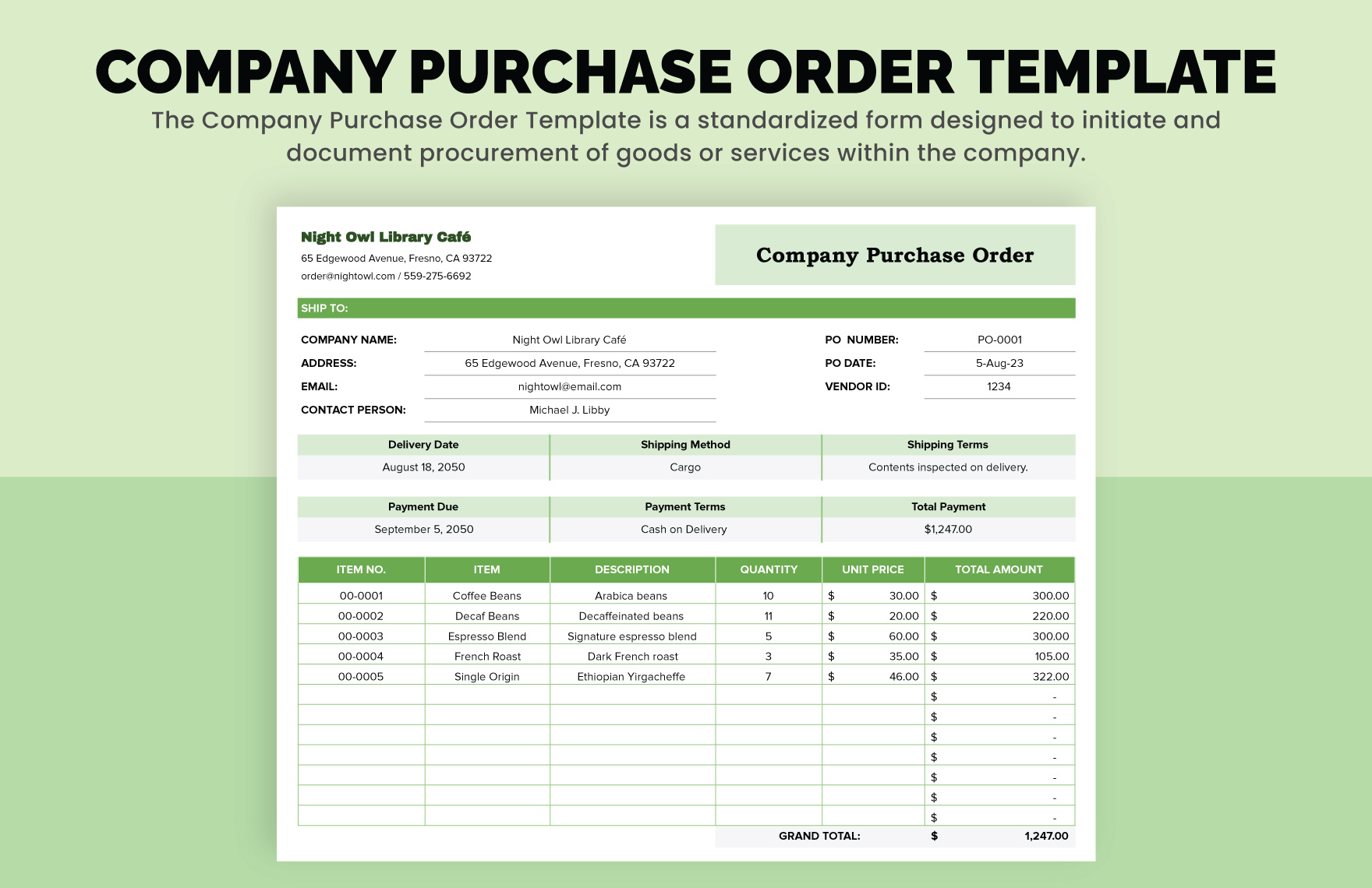 Company Purchase Order Template - Download in Excel, Google Sheets | Template.net