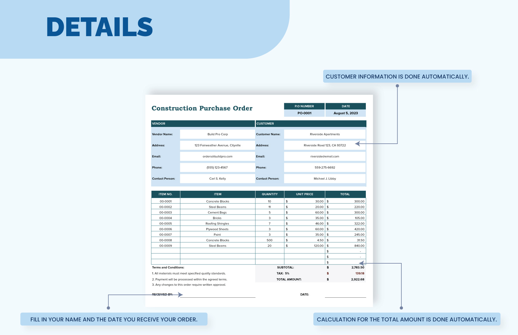Construction Purchase Order Template - Download in Excel, Google Sheets ...