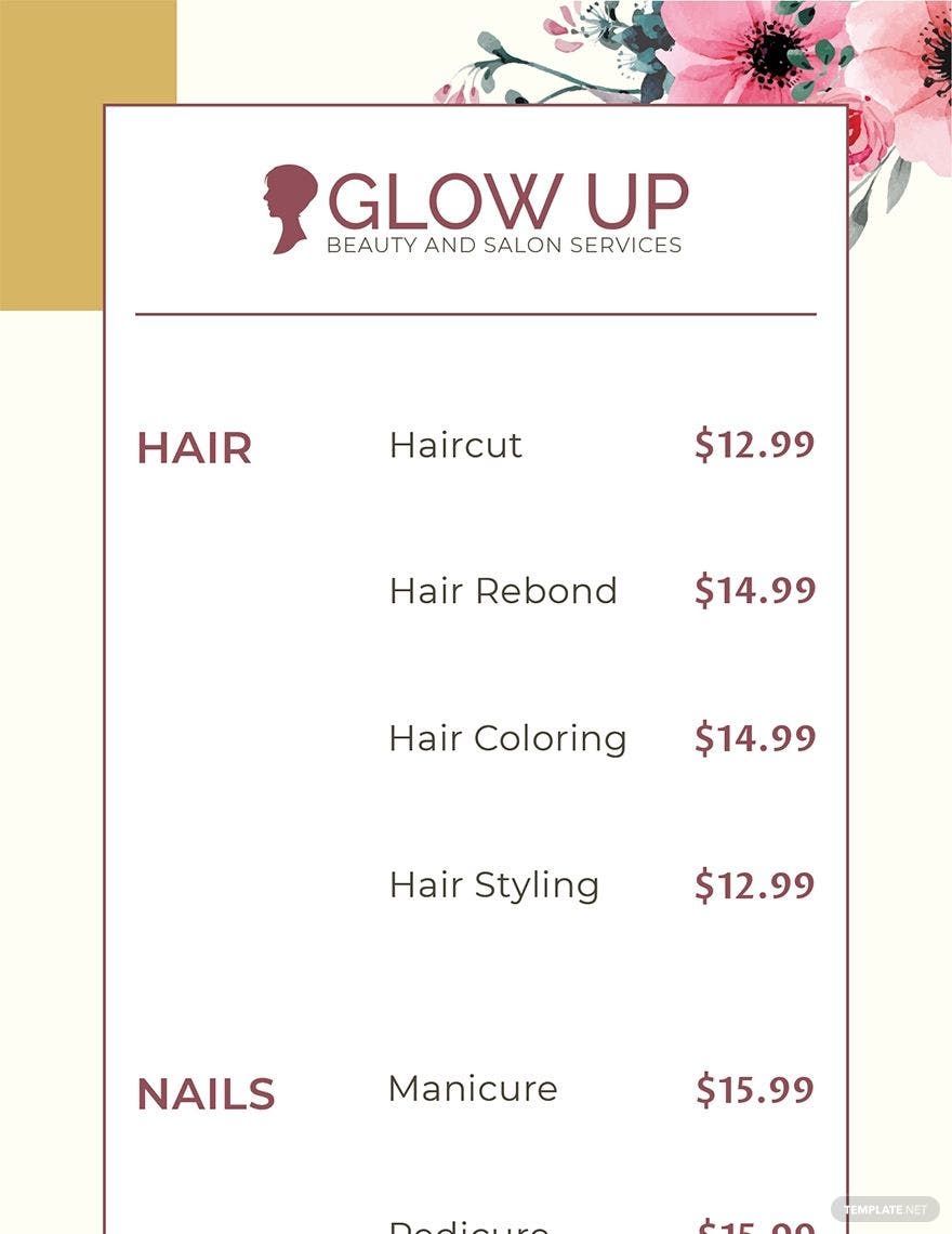 Salon Menu Template Illustrator Word Apple Pages PSD Publisher