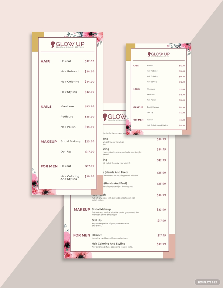 Salon Price Menu Template In Pages Publisher PSD Word Illustrator