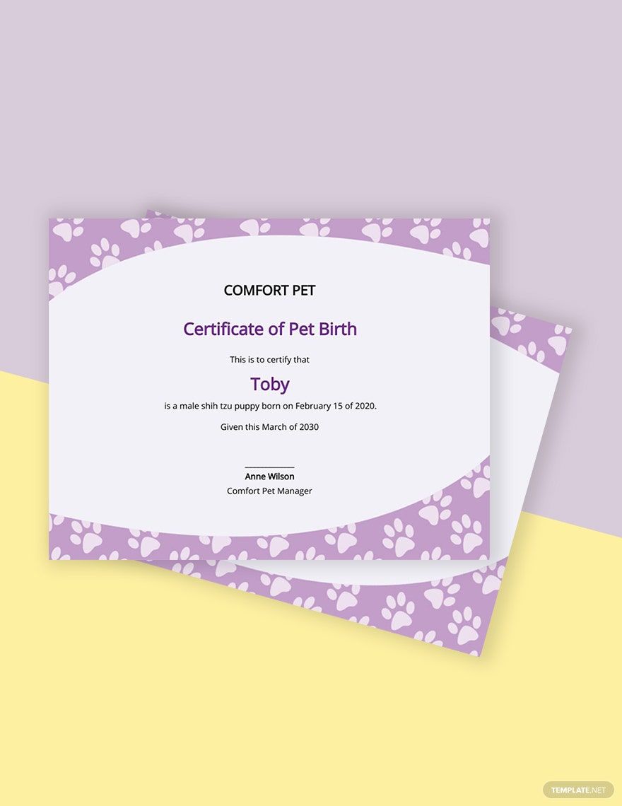 Free Creative Pet Birth Certificate Template Download In Word Google Docs Illustrator PSD 