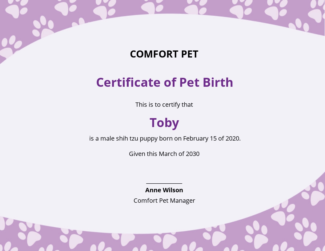 Creative Pet Birth Certificate Template Google Docs Illustrator 