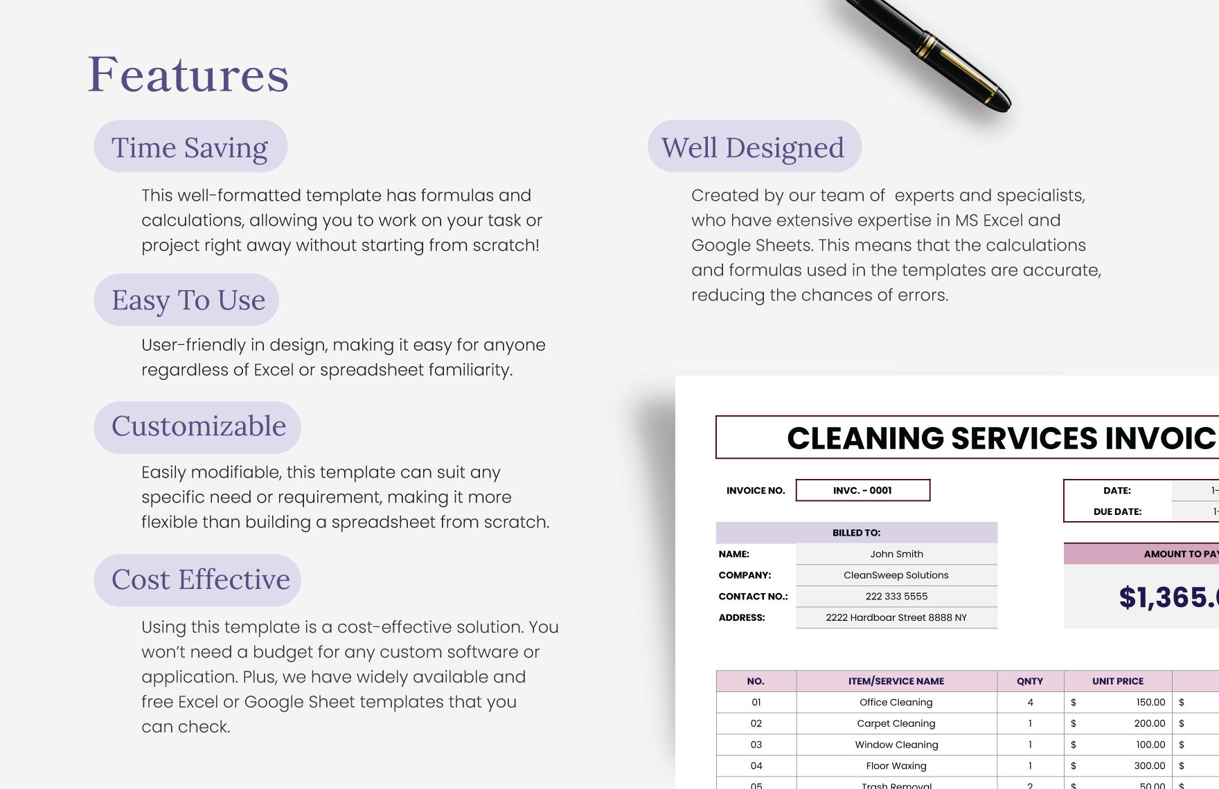 Cleaning Services Invoice Template in Excel, Google Sheets - Download ...