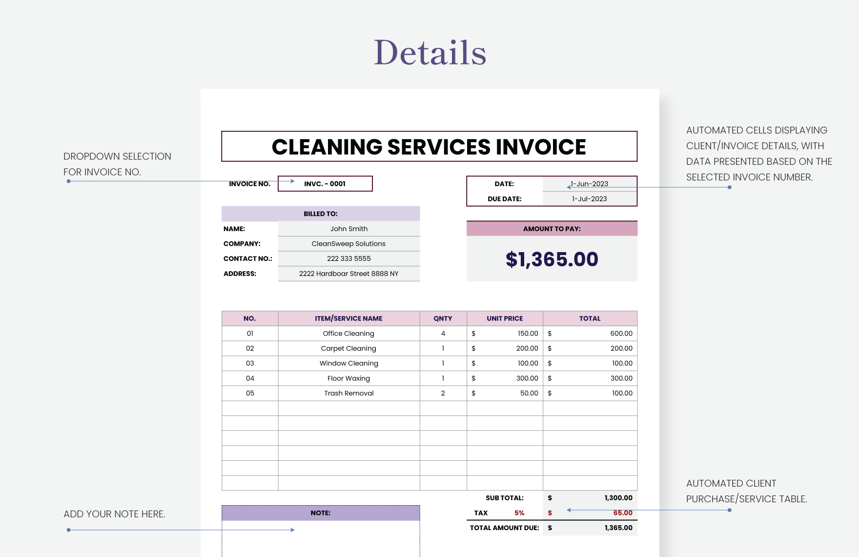 Cleaning Services Invoice Template in Excel, Google Sheets - Download ...