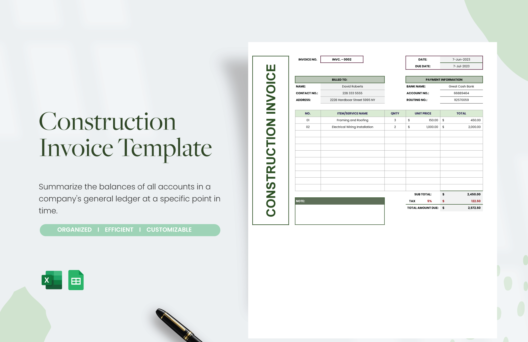 Construction Invoice Template - Download in Excel, Google Sheets ...