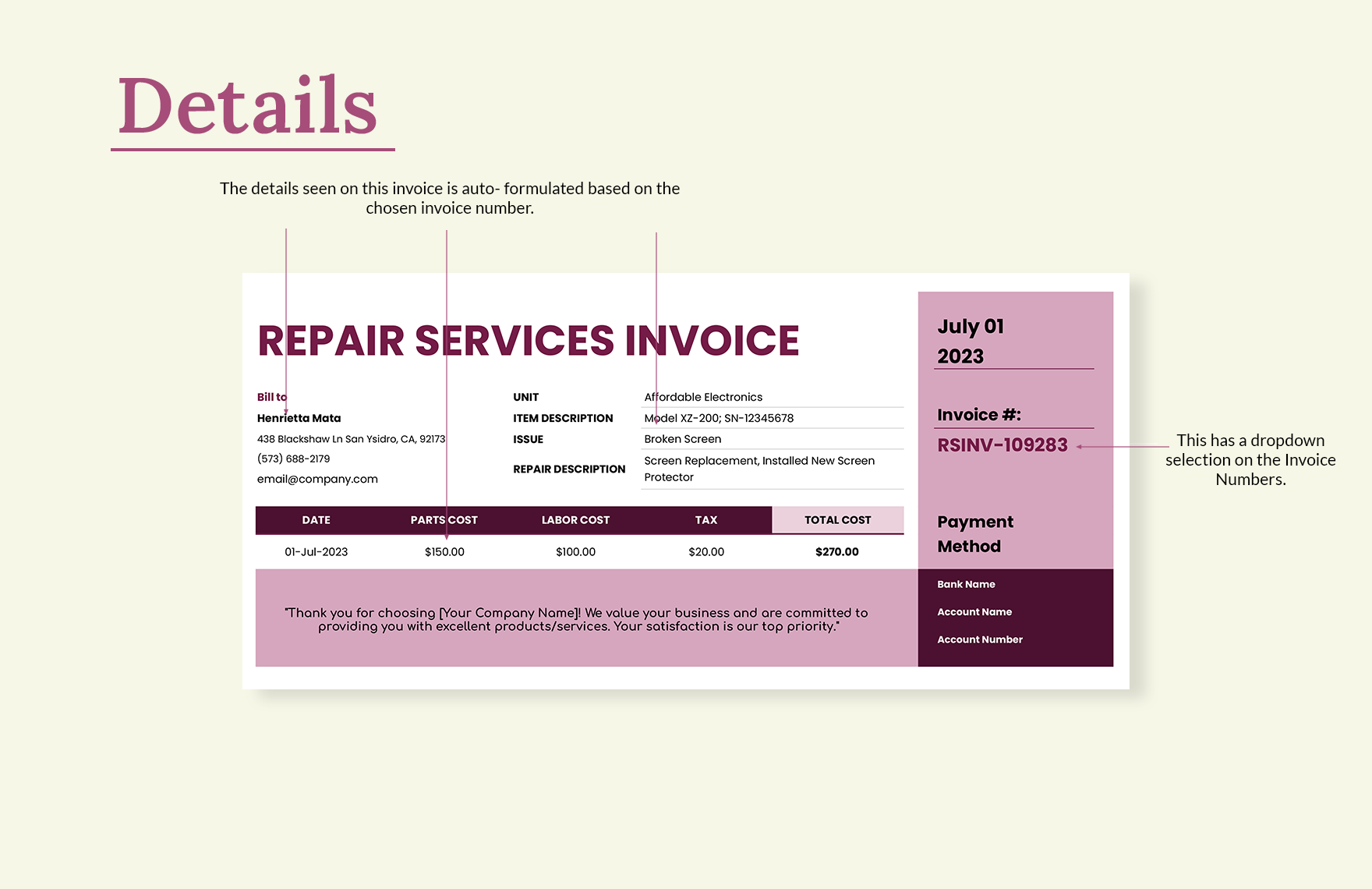 Repair Services Invoice Template - Download in Excel, Google Sheets ...