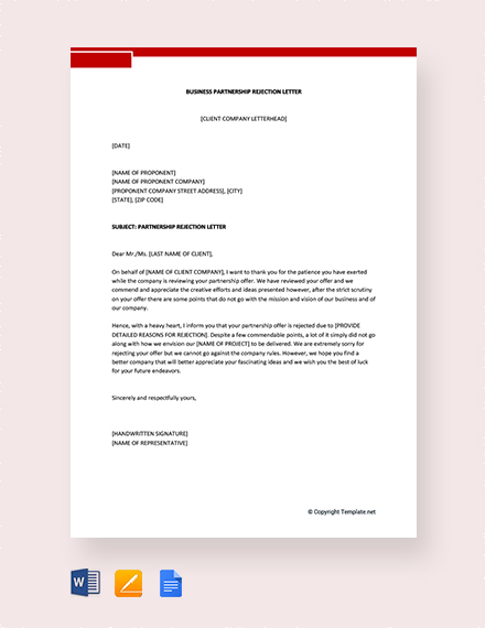 Free Business Partnership Rejection Letter