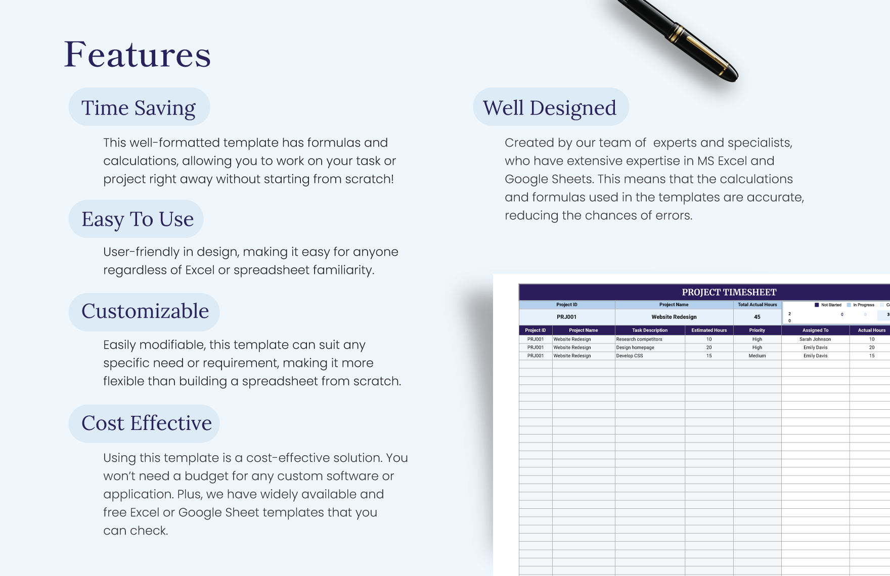 Project Timesheet Template - Download in Excel, Google Sheets ...