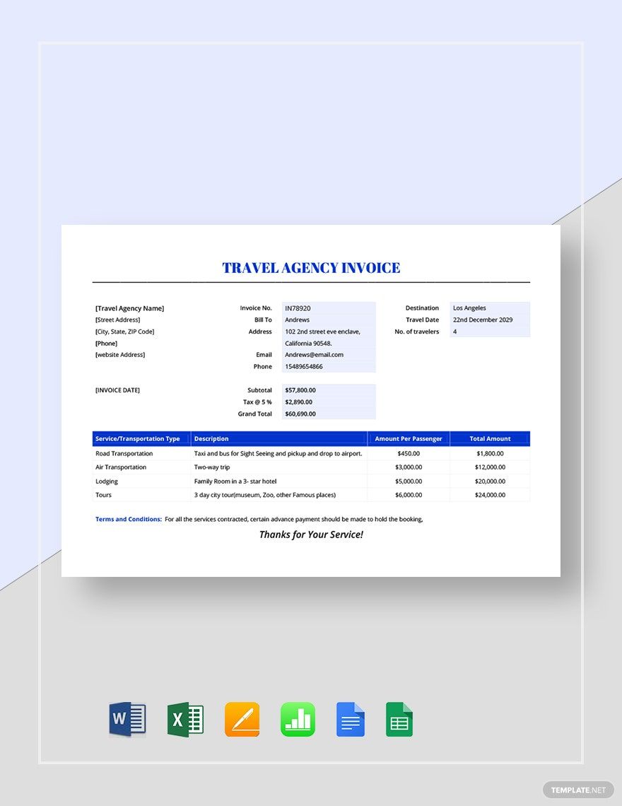 Editable Travel Agency Invoice Template - Google Docs, Google Sheets ...