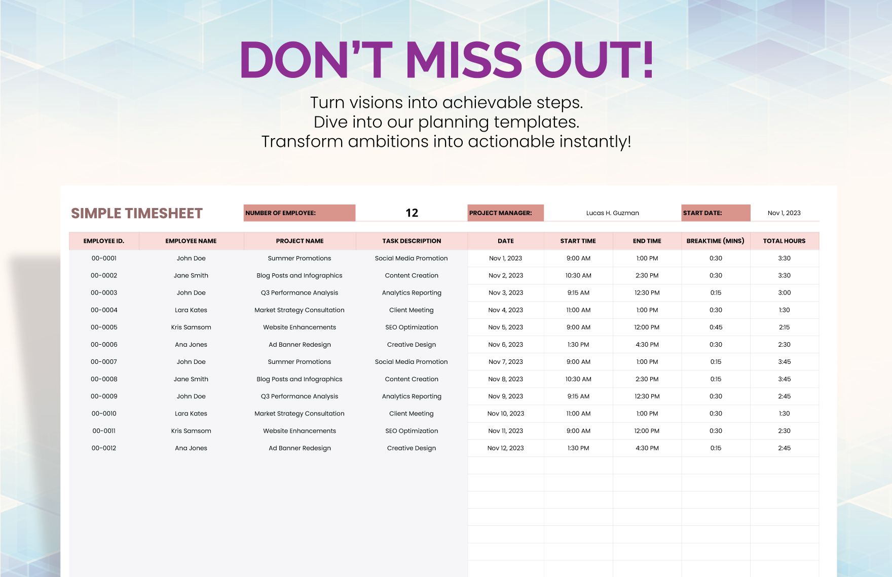 Simple Timesheet Template in Excel, Google Sheets - Download | Template.net