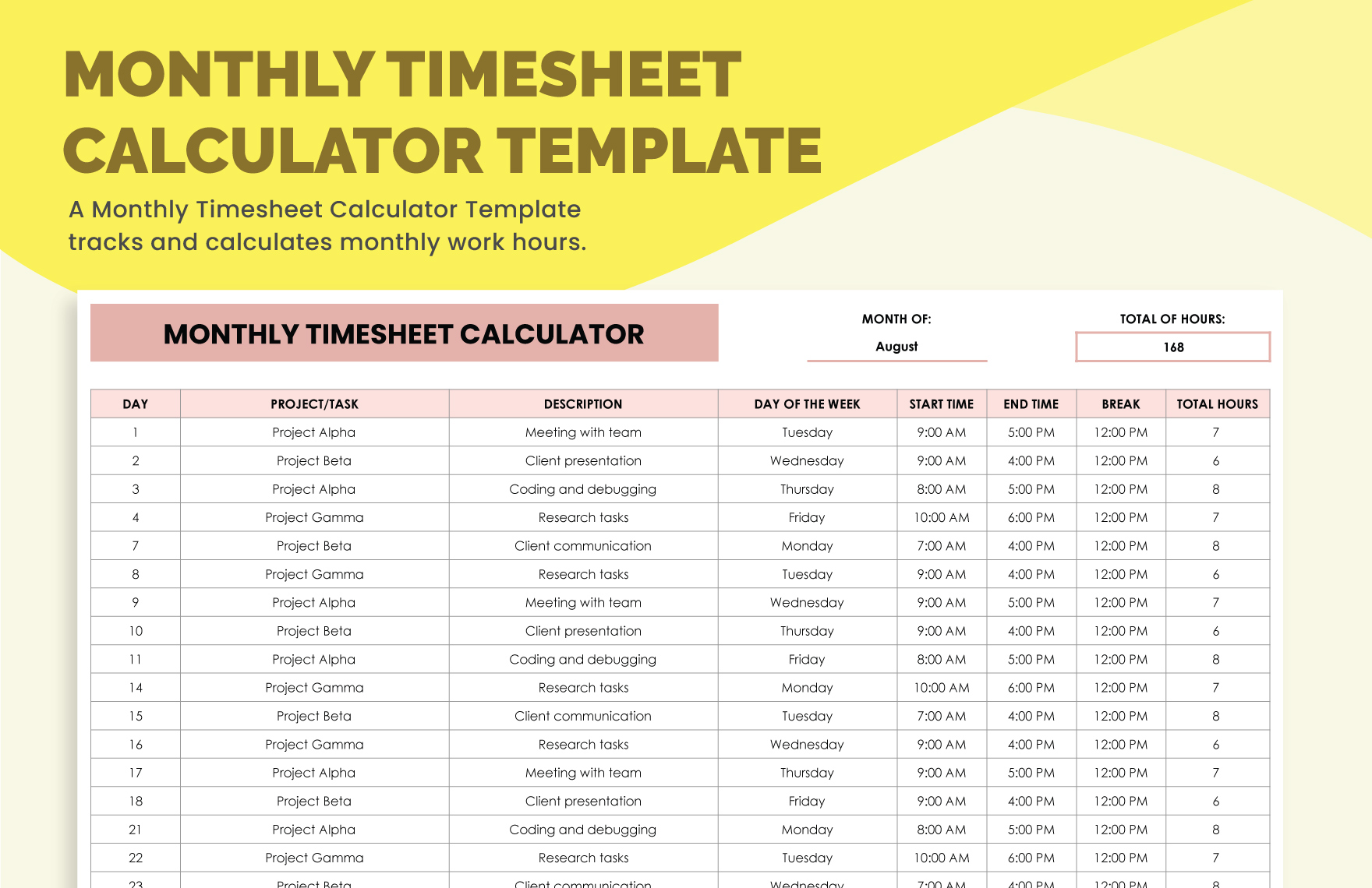 Monthly Timesheet Calculator Template In Excel Google Sheets