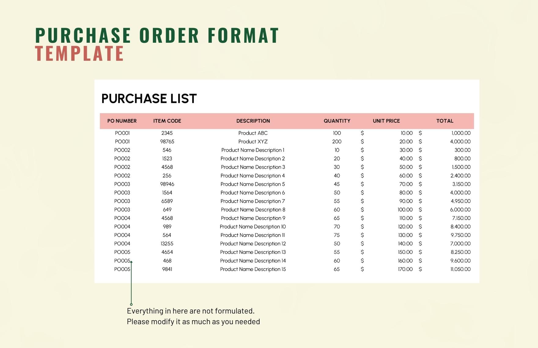 Purchase Order Format Template Download In Excel Google Sheets