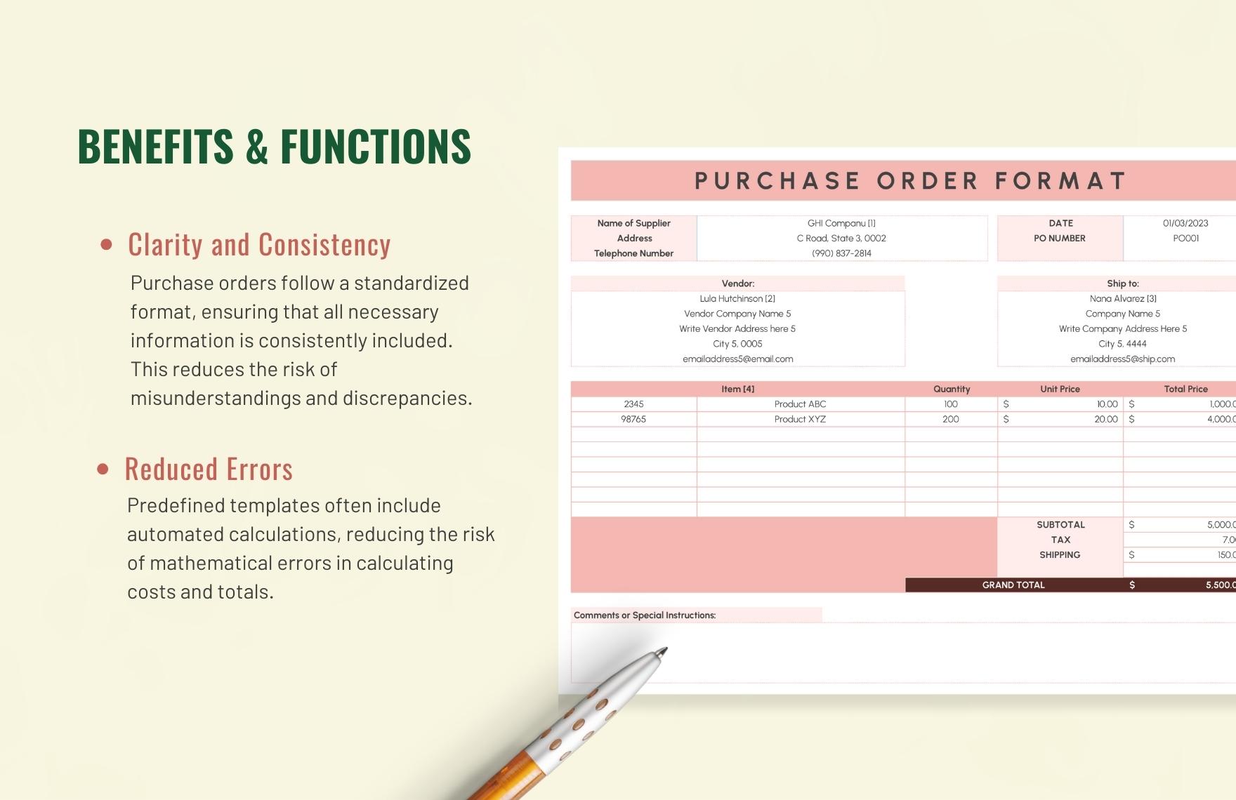 Purchase Order Format Template - Download in Excel, Google Sheets ...