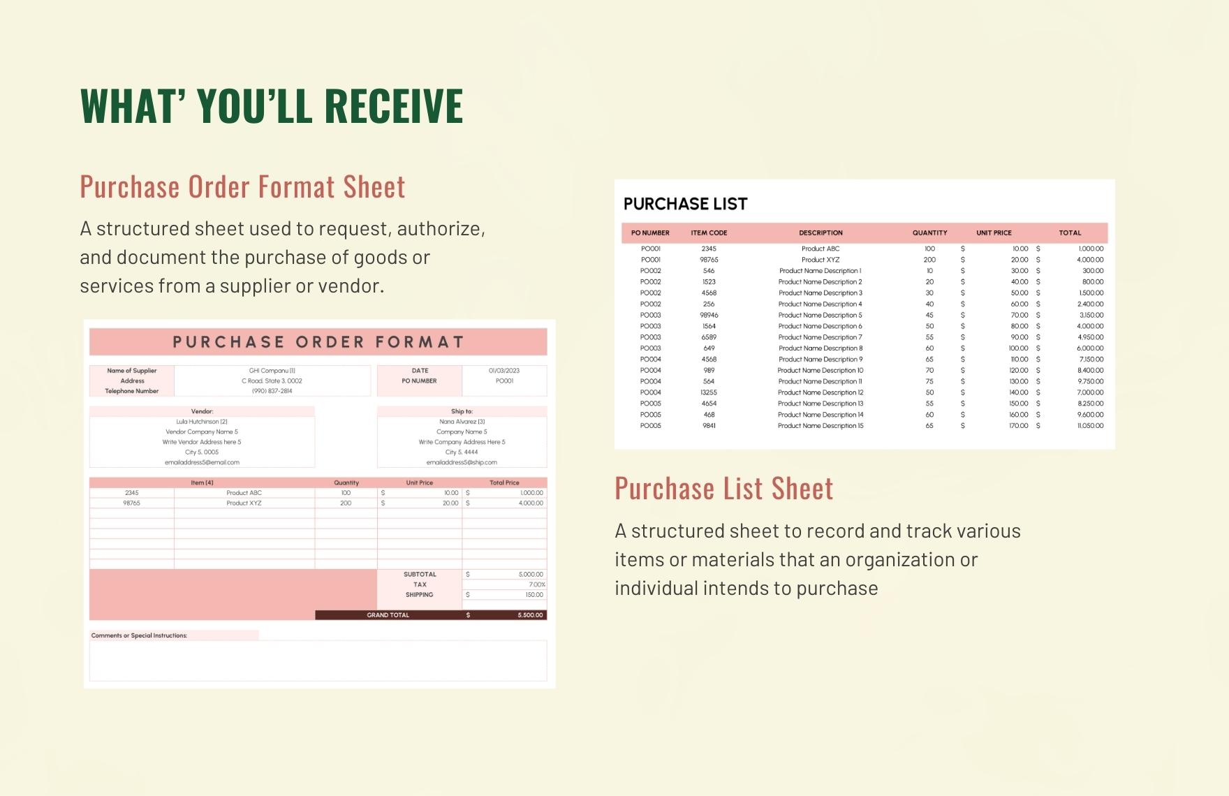 Purchase Order Format Template - Download in Excel, Google Sheets ...