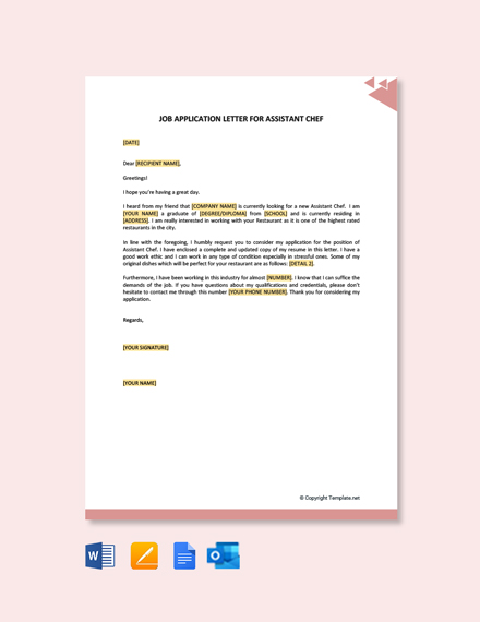 Free Job Application Letter For Assistant Chef Template Google Docs 