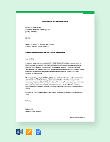 Free Construction Safety Warning Letter