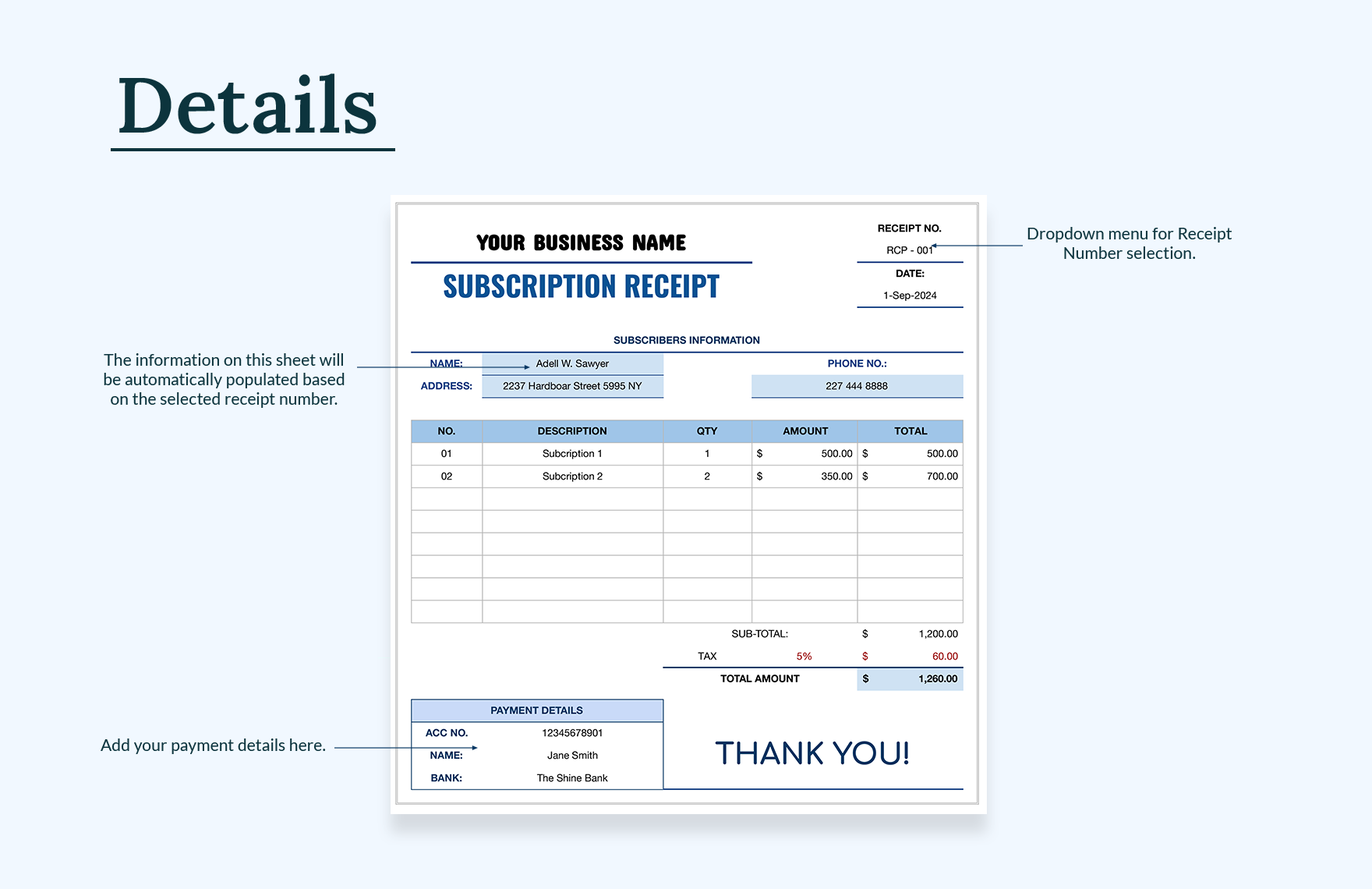 Subscription Receipt Template - Download in Excel, Google Sheets ...