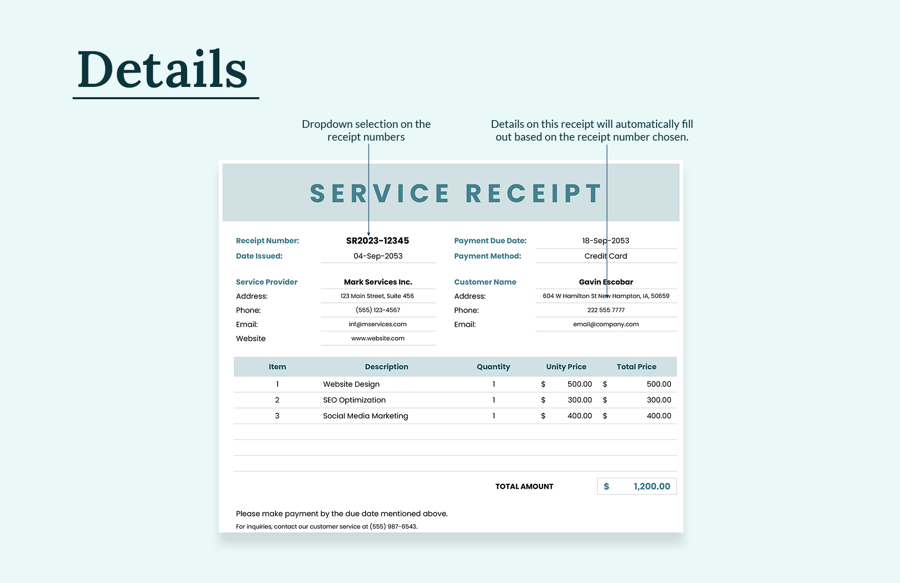Service Receipt Template - Download in Excel, Google Sheets | Template.net
