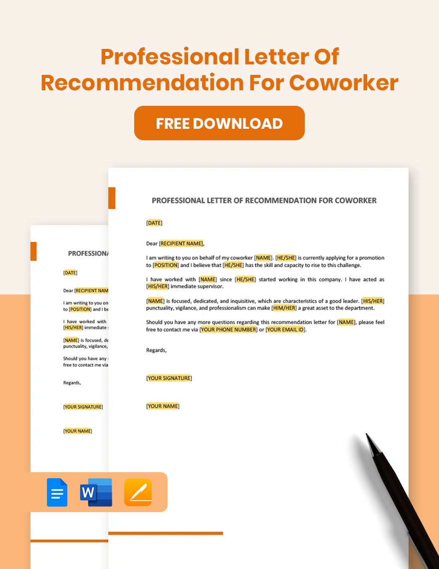 FREE Coworker Recommendation Letter Word Template Download Template