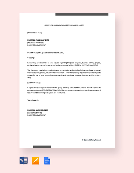 Query Letter Template Sample To A Staff Free PDF Word Apple Pages 