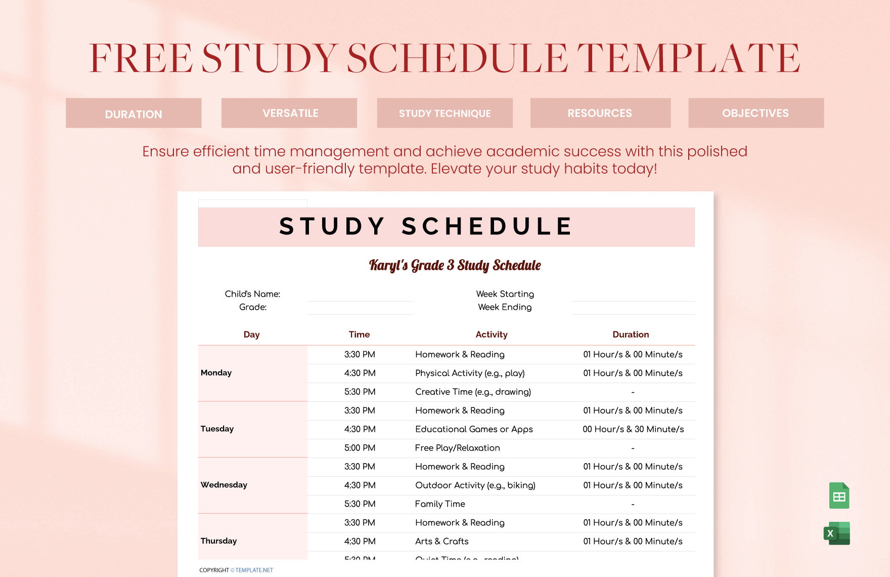 Study Schedule Template In MS Excel Google Sheets Download