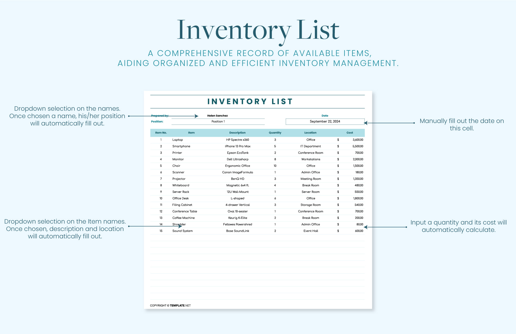 Inventory List Template - Download in Excel, Google Sheets | Template.net