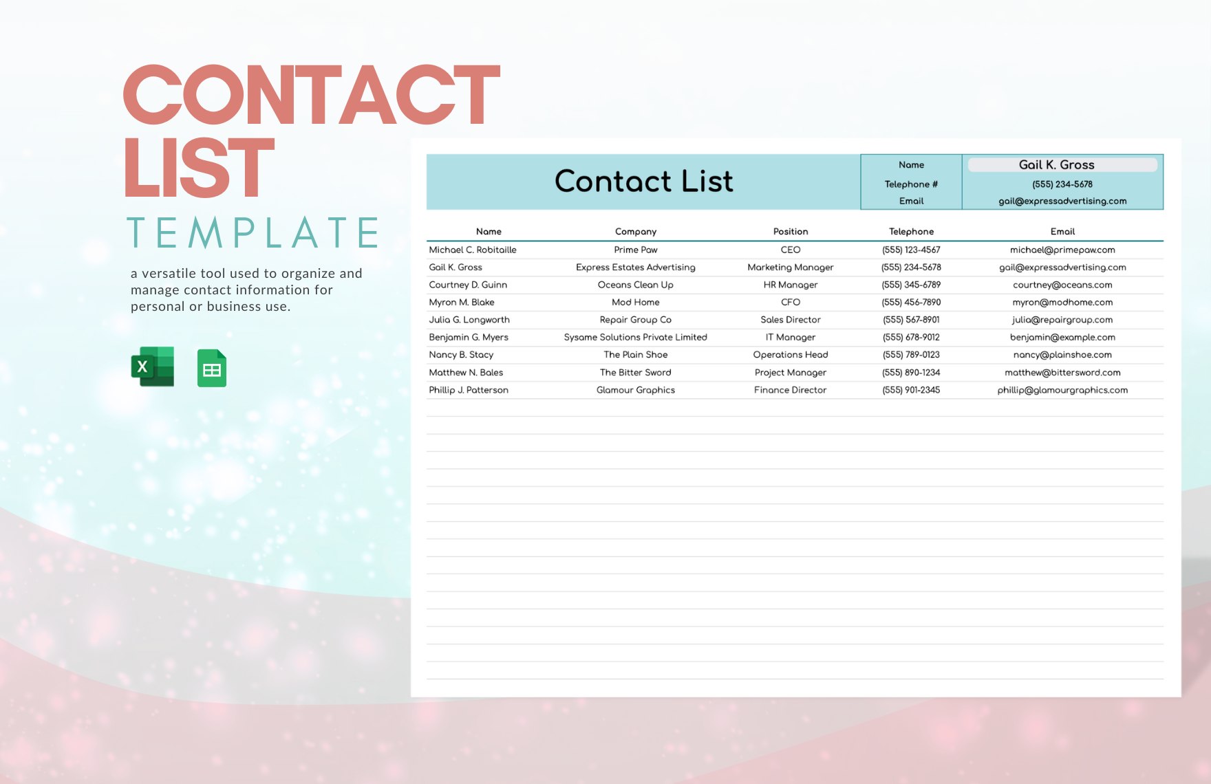 Contact List Template in Excel, Google Sheets - Download | Template.net