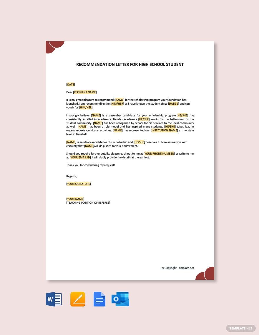 Recommendation Letter For High School Student Download In Word Google Docs PDF Apple Pages 