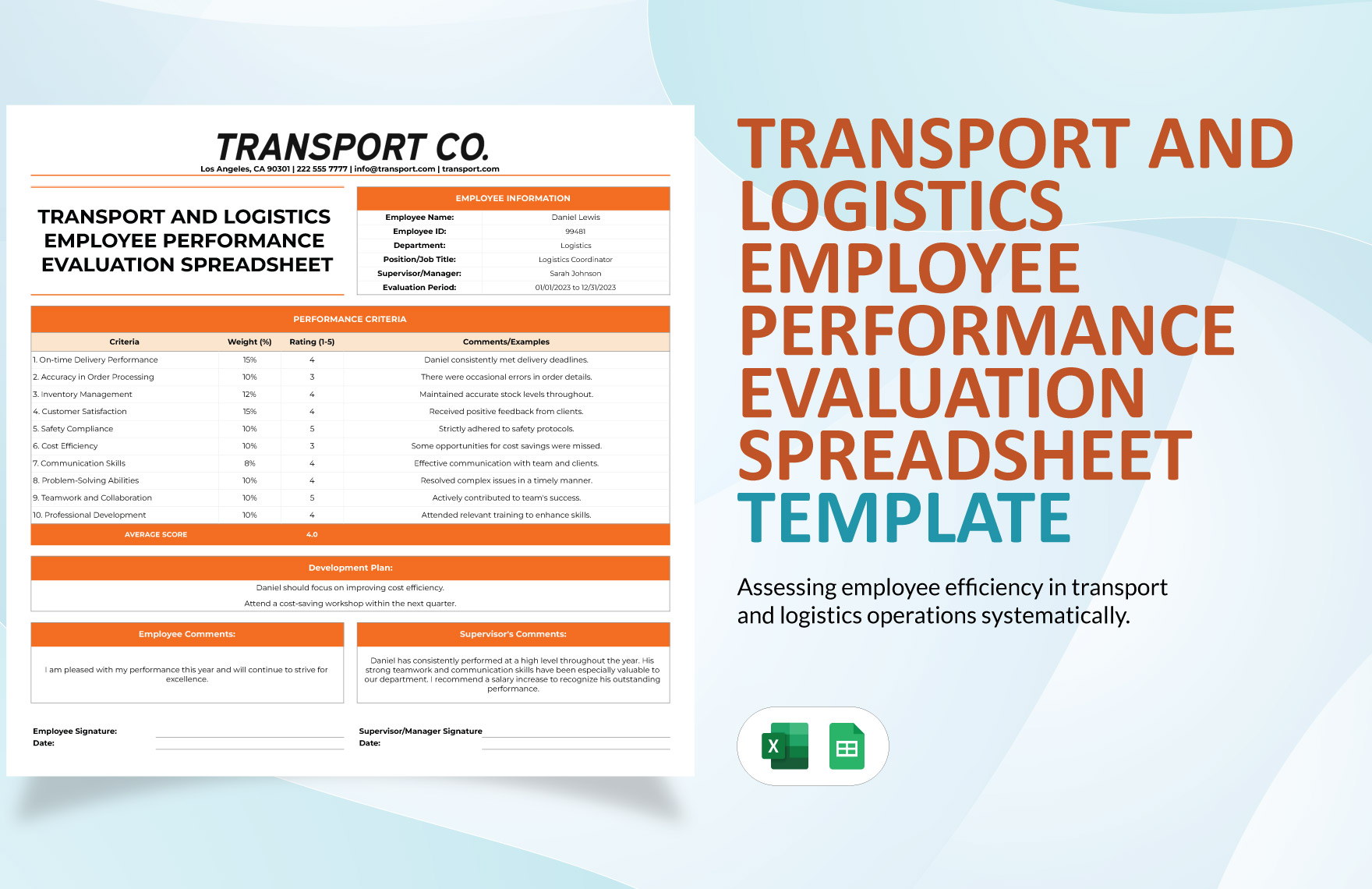Transport and Logistics Employee Performance Evaluation Spreadsheet ...