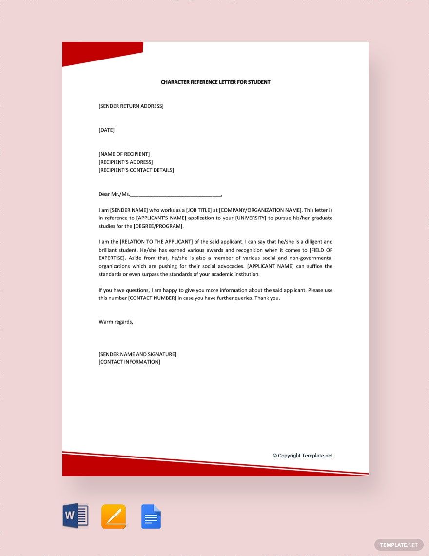 Character Reference Letter For Student In Google Docs Word Pages PDF 