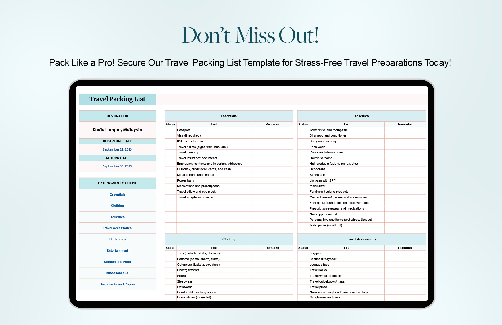Travel Packing List Template - Download in Excel, Google Sheets ...