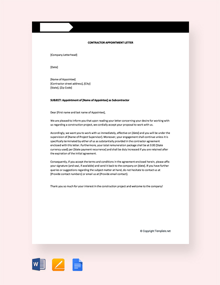 Contractor Appointment Letter Template - 5+ Free Word, PDF Format Download!