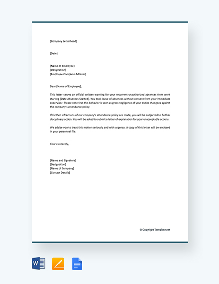 FREE Employee Verbal Warning Letter Template Word Google Docs 