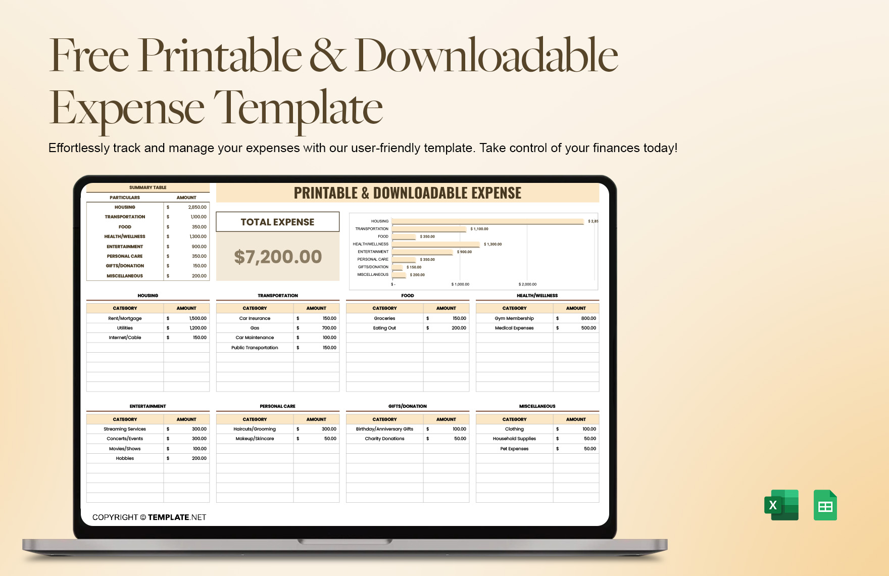 Printable Downloadable Expense Template In Excel Google Sheets