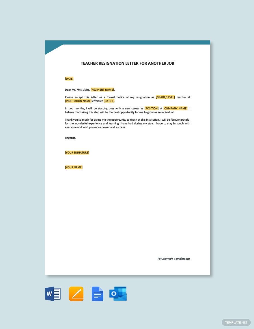 Free Teacher Resignation Letter For Another Job Download In Word Google Docs PDF Apple 