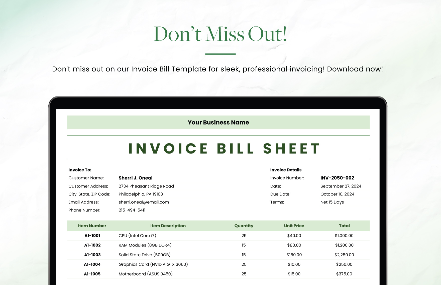 Free Invoice Bill Template - Download in Excel, Google Sheets ...