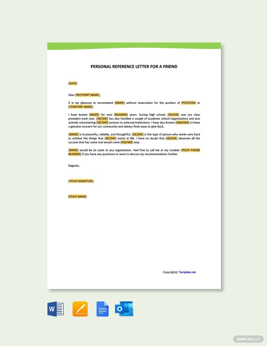 Personal Reference Letter For A Friend Template Google Docs Word 
