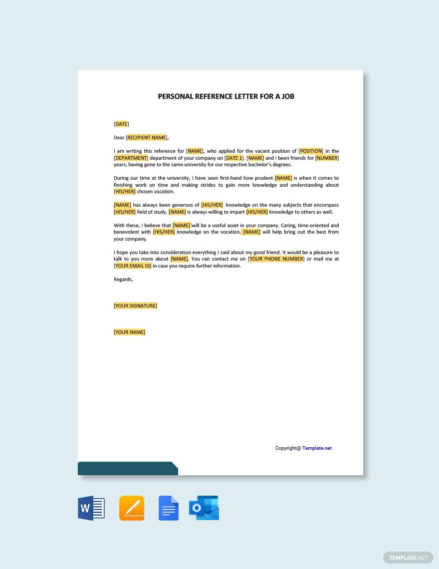Free Personal Reference Letter For A Job Template Google Docs Word 