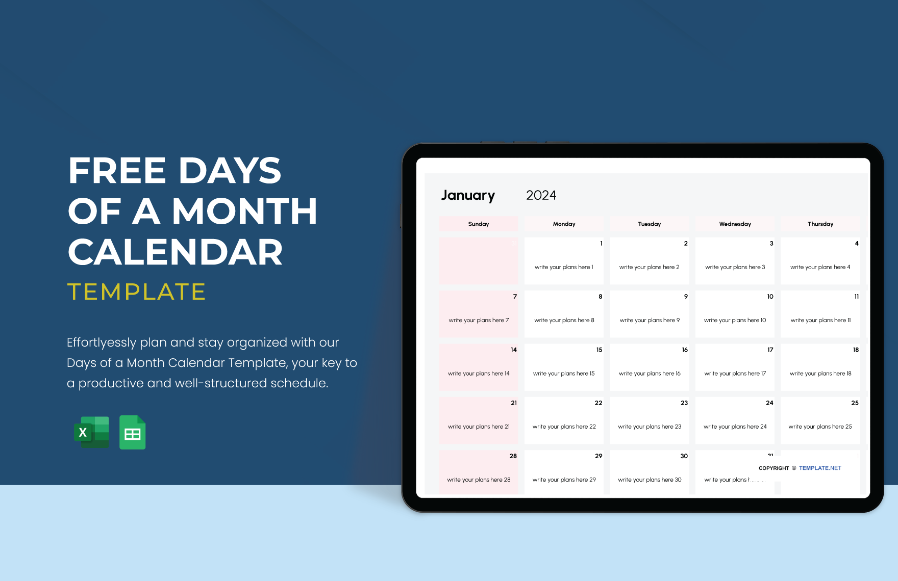 Free Days of a Month Calendar Template - Download in Excel, Google ...