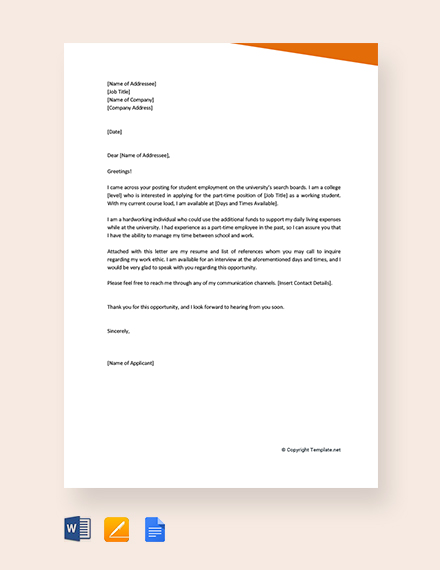 FREE Application Letter For Working Student Template Word Google 