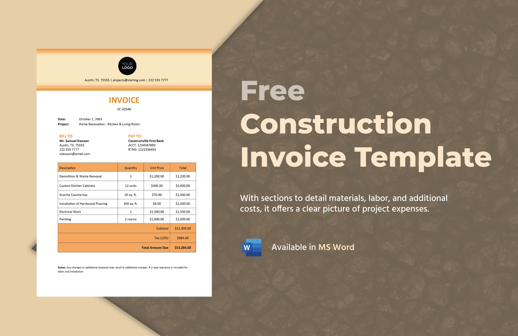 Free Construction Invoice Template - Download in Word | Template.net