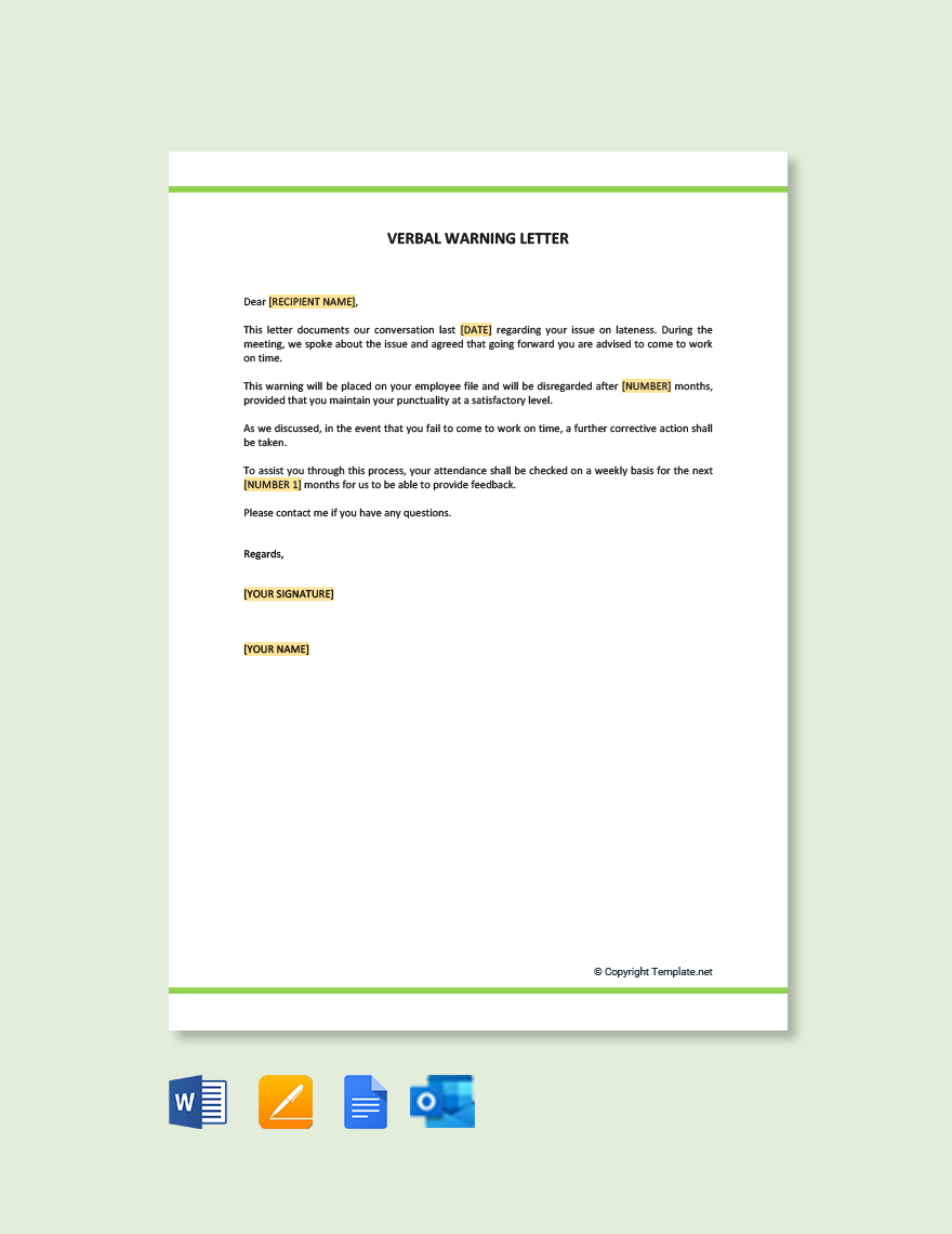 Free Verbal Warning Letter For Lateness Download In Word Google Docs PDF Apple Pages 