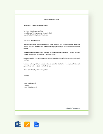 FREE Verbal Warning Letter For Lateness Template Word Google Docs 
