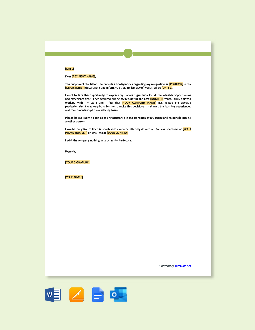 Free Free Resignation Letter With One Month Notice Template Google Docs Word Outlook Apple 