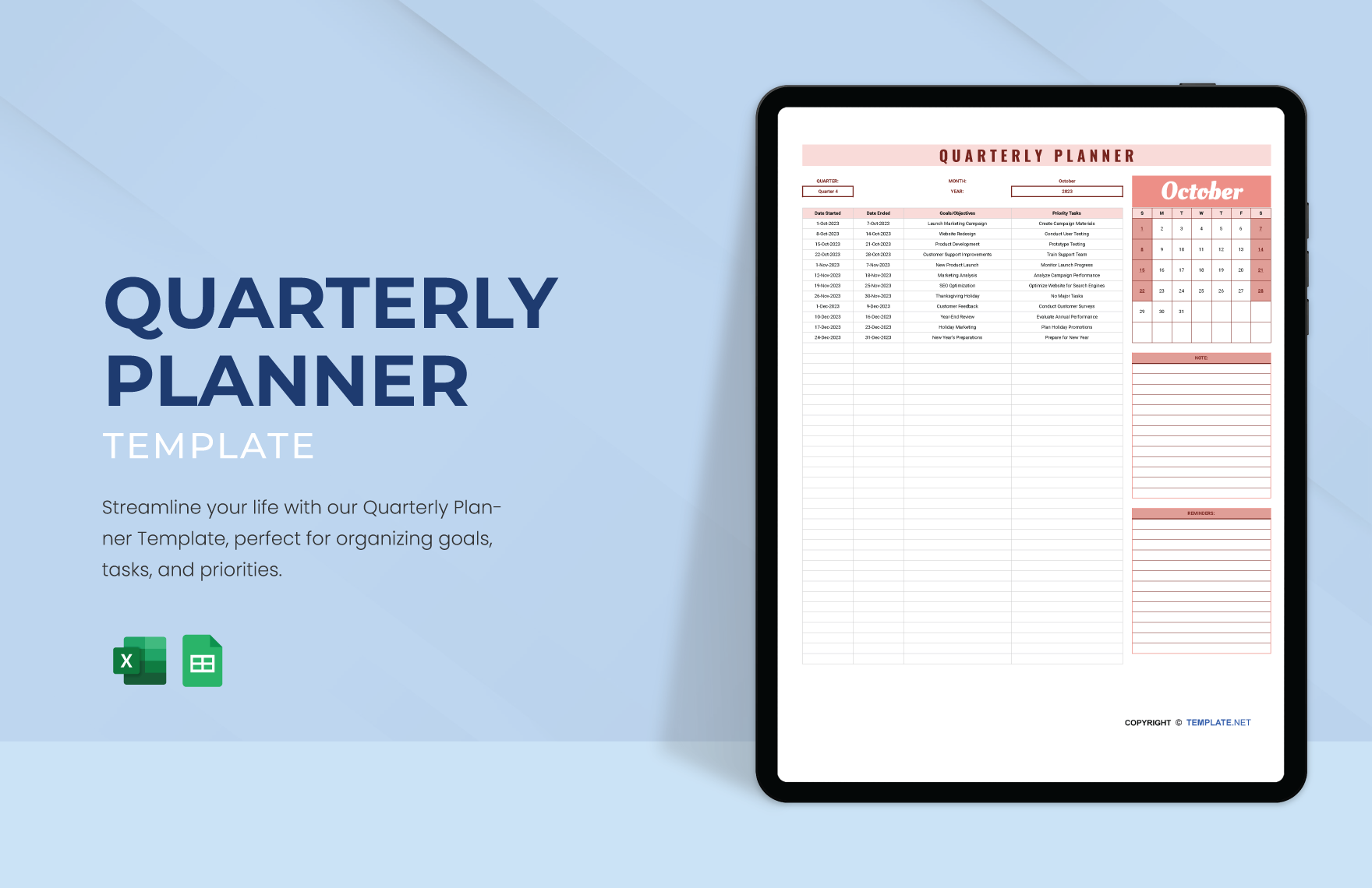 Quarterly Planner Template In Excel Google Sheets Download