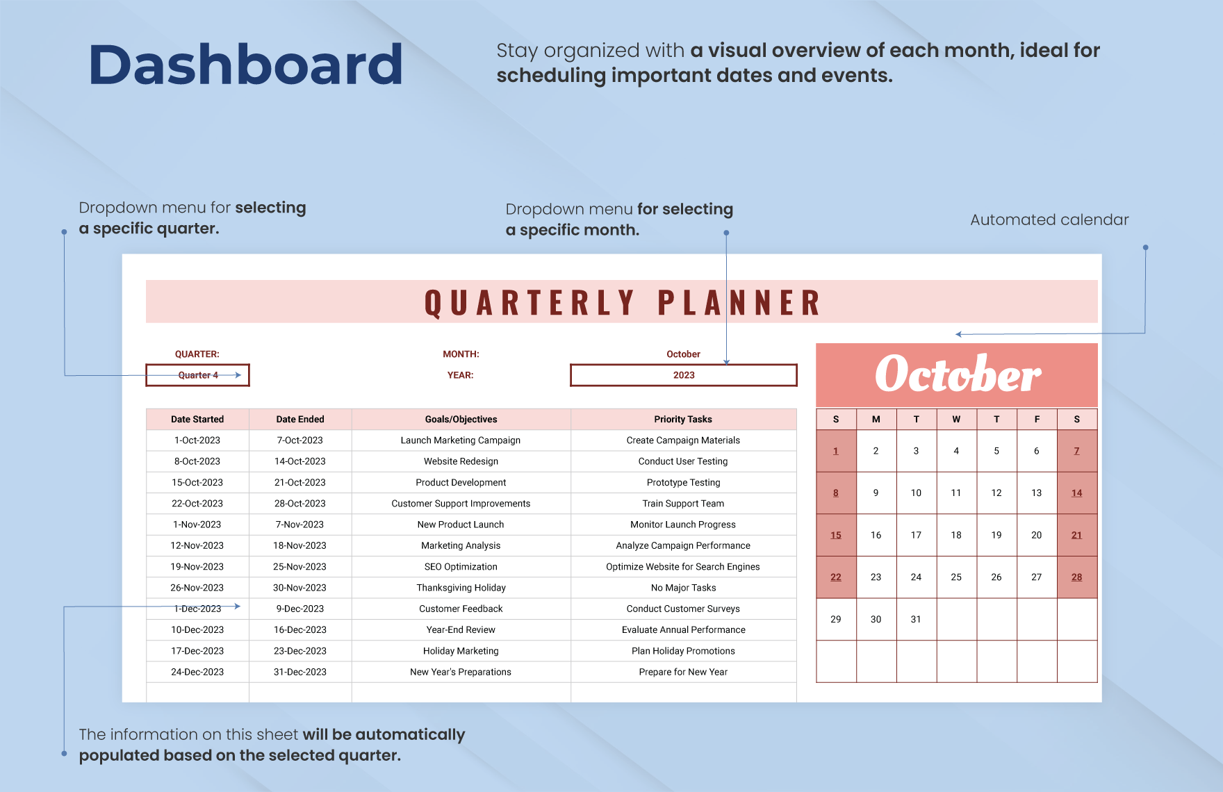 Quarterly Planner Template In Excel Google Sheets Download