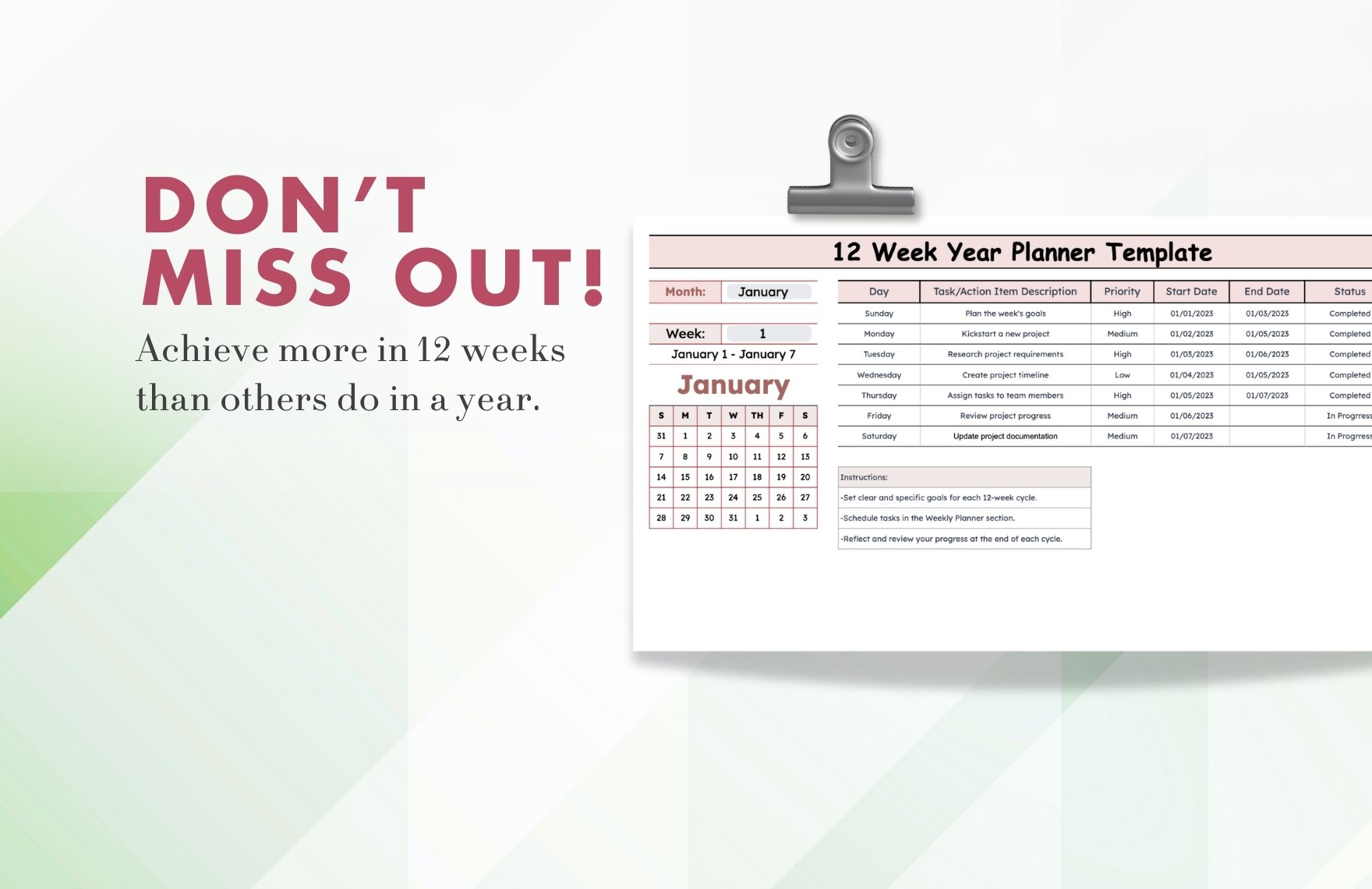 12 Week Year Planner Templates in Excel, Google Sheets - Download ...