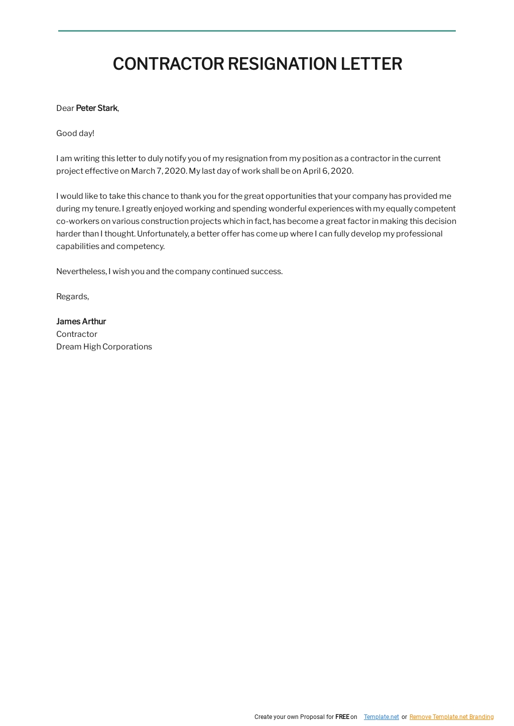 Free Contractor Resignation Letter Template