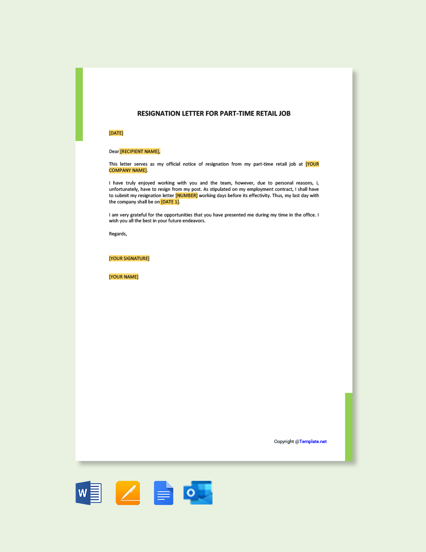 Resignation Letter For Part Time Retail Job Template Google Docs Word Outlook Apple Pages 